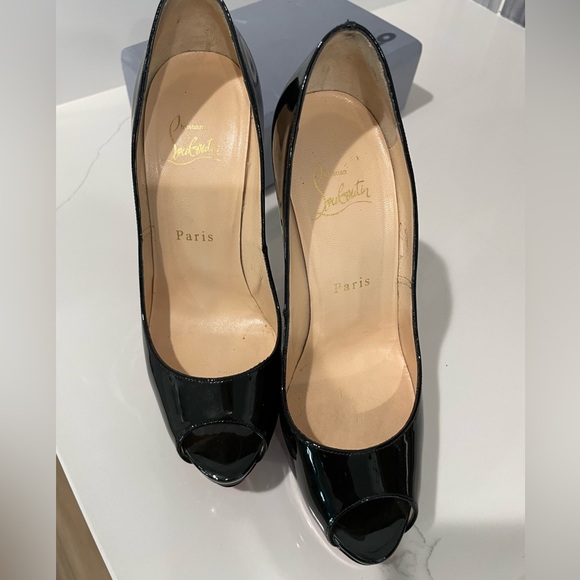 Christian Louboutin | Shoes | Christian Louboutin Lady Peep Black Patent Leather Heels | Poshmark